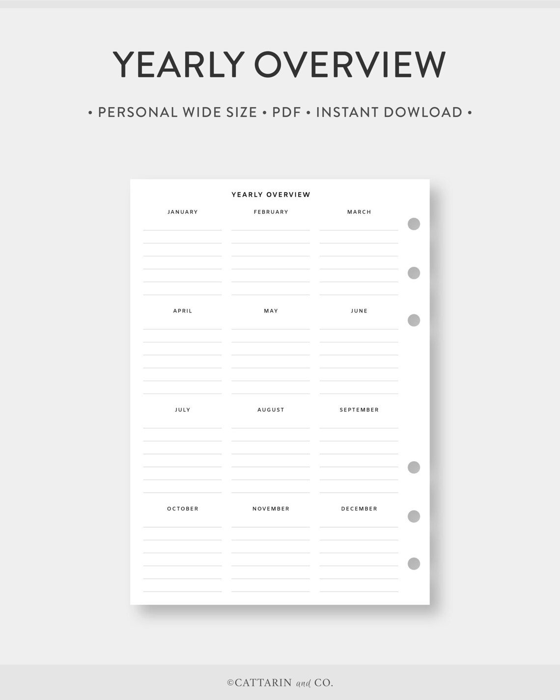 Personal Wide, Yearly Overview Printable Year at a Glance Annual ...