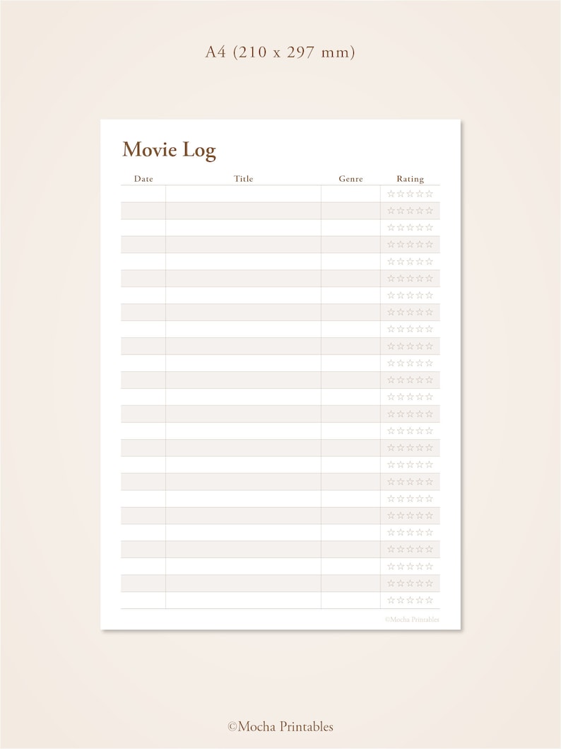 Movie Log | A4, A5, US Letter, Half Letter, Personal, Personal Wide - Etsy