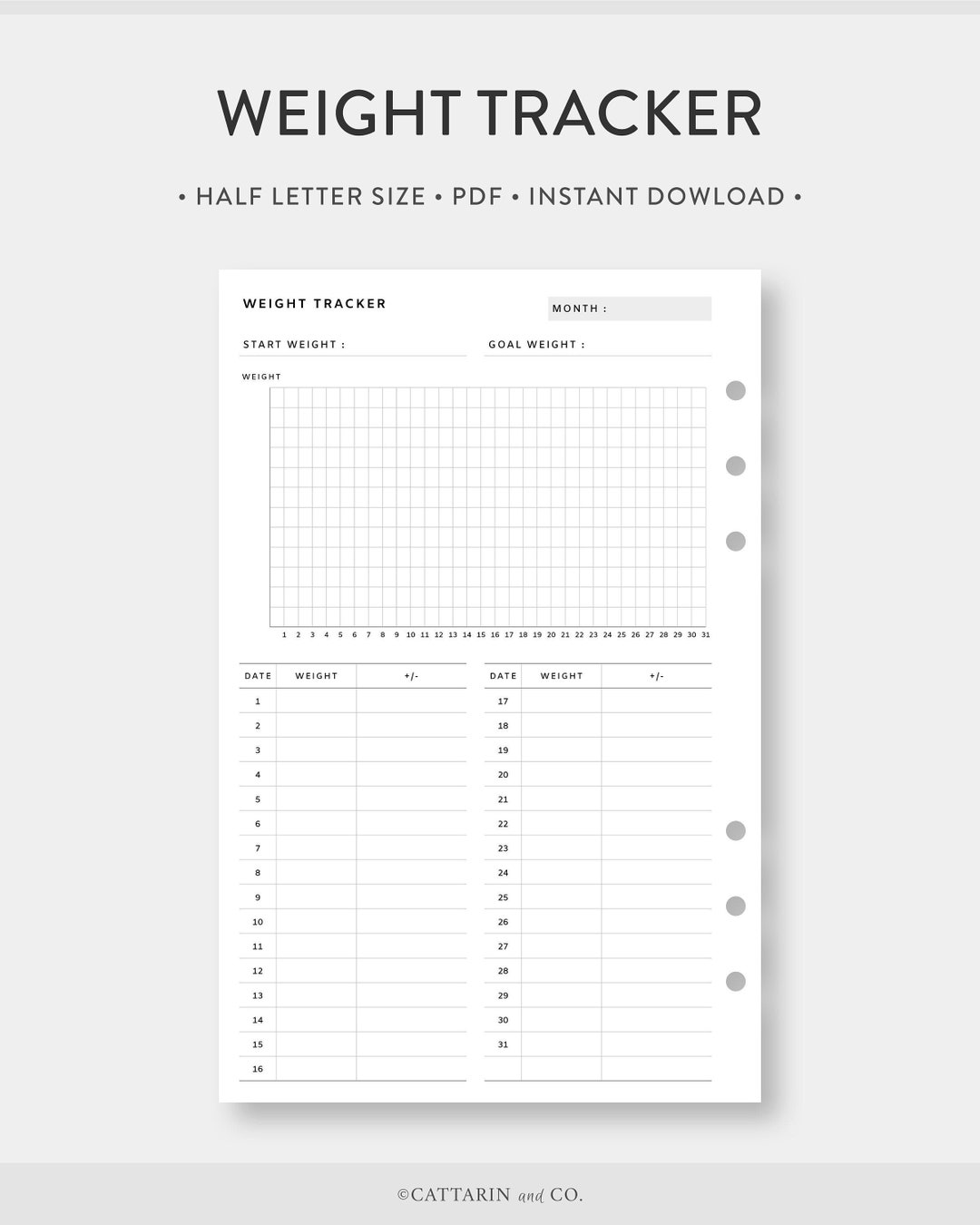 Half Letter, Weight Tracker Printable | Monthly Weight Loss Chart ...