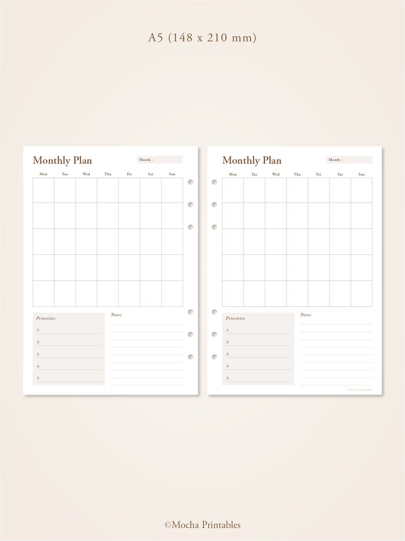 Undated Monthly Planner Printable Month on One Page A4, A5, US Letter ...