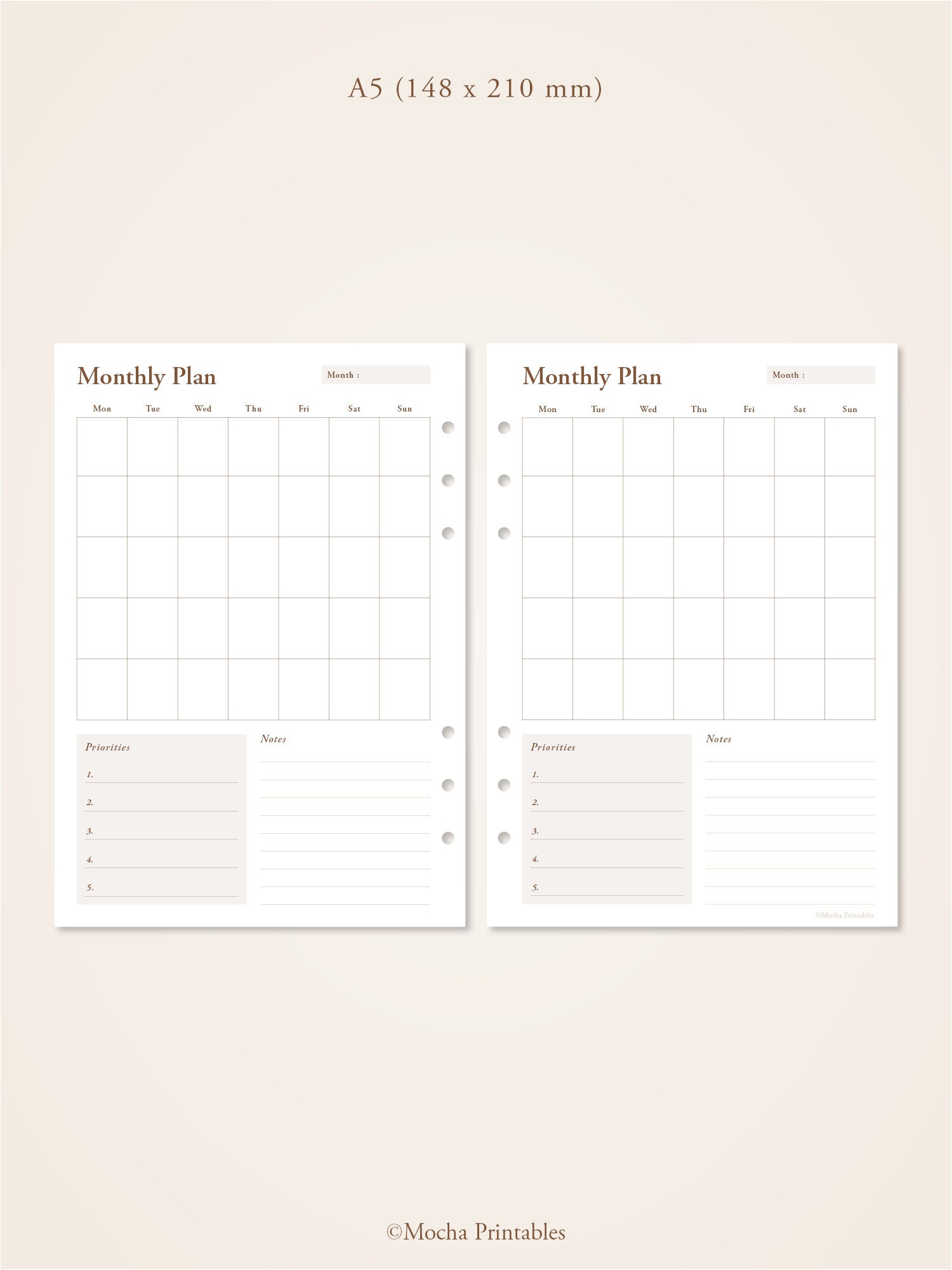 Undated Monthly Planner Printable | Month on One Page | A4, A5, US ...