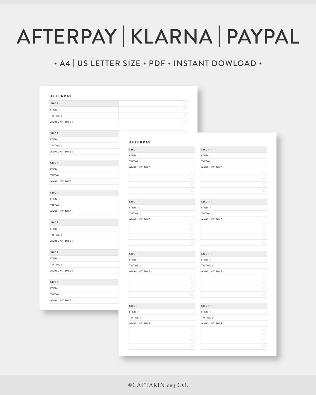 A4 | US Letter, Aftperpay Payment Tracker Printable | Klarna, Paypal ...