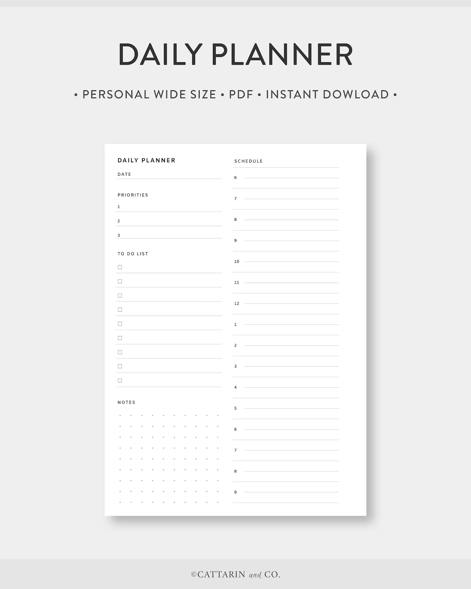 Personal Wide Minimalist Daily Planner Printable Day on One | Etsy