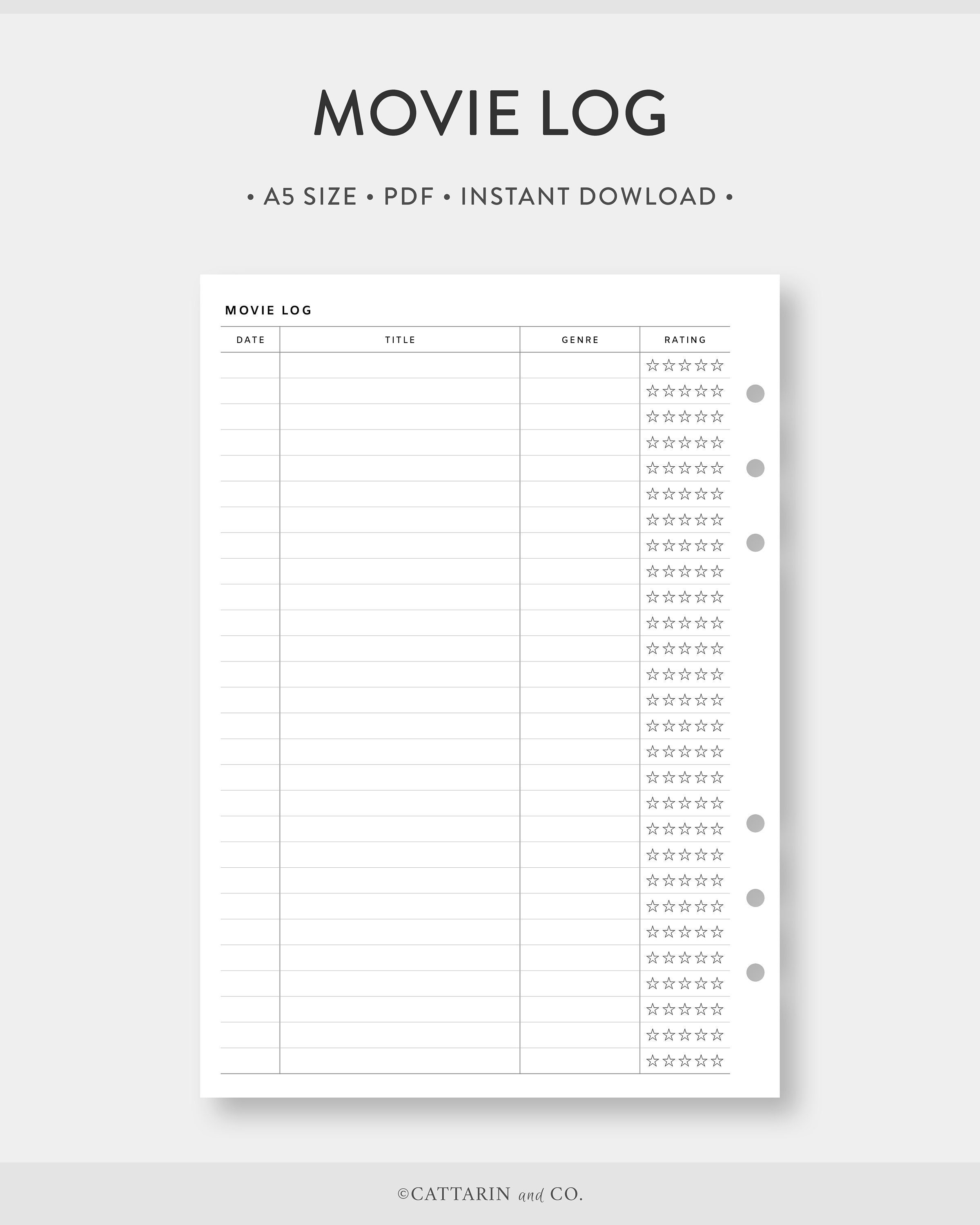 A5, Movie Log Printable | Movies to Watch | Movie Tracker, Cinema ...