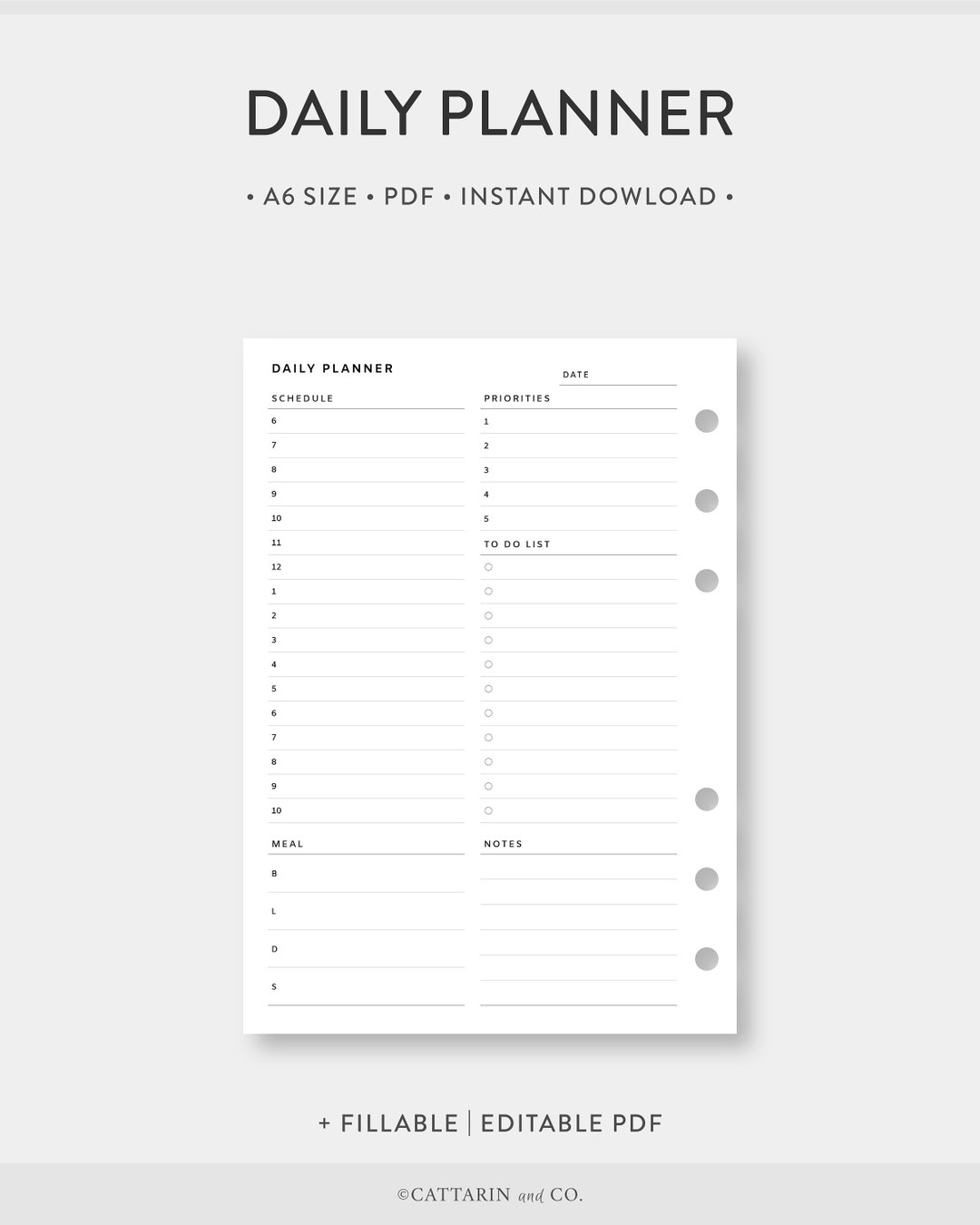 A6, Daily Planner Printable | Fillable , Editable | Day on One Page ...