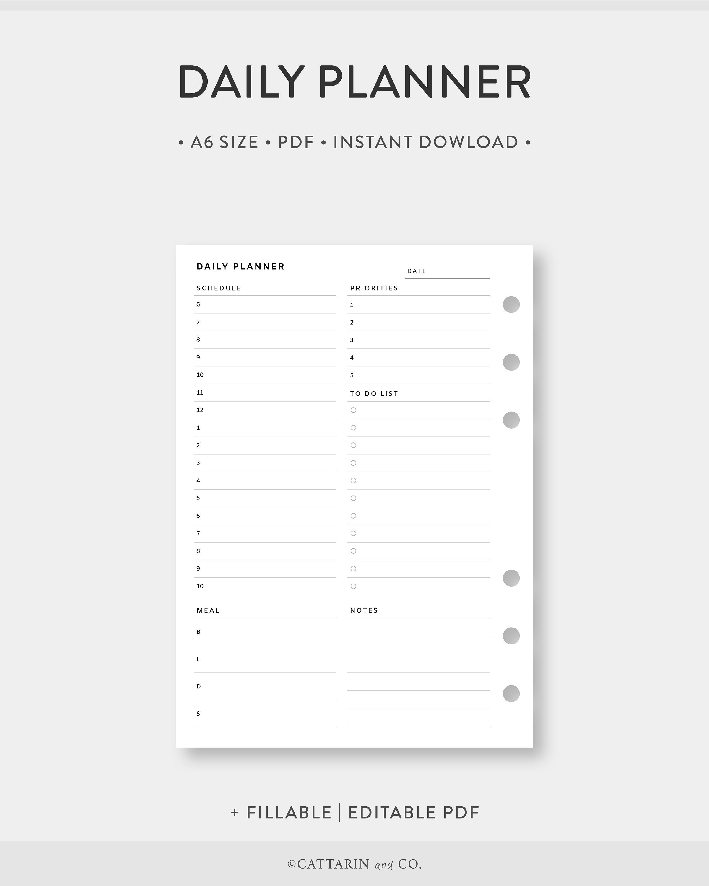 A6, Daily Planner Printable Fillable , Editable Day on One Page Undated ...