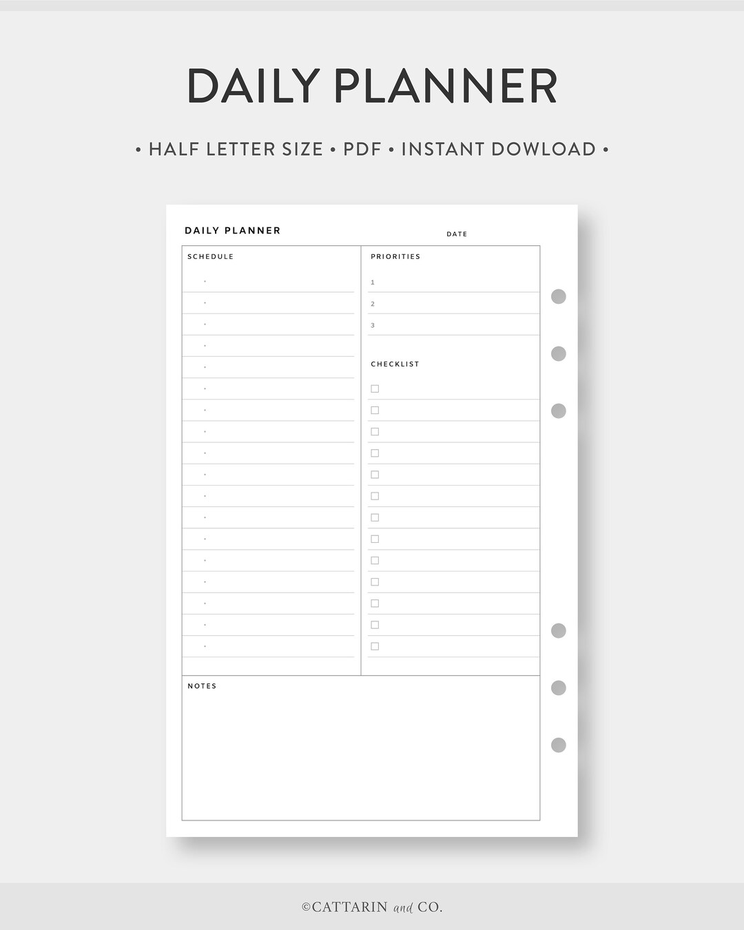 Half Letter, Daily Planner Printable | Day on One Page | Undated Simple ...