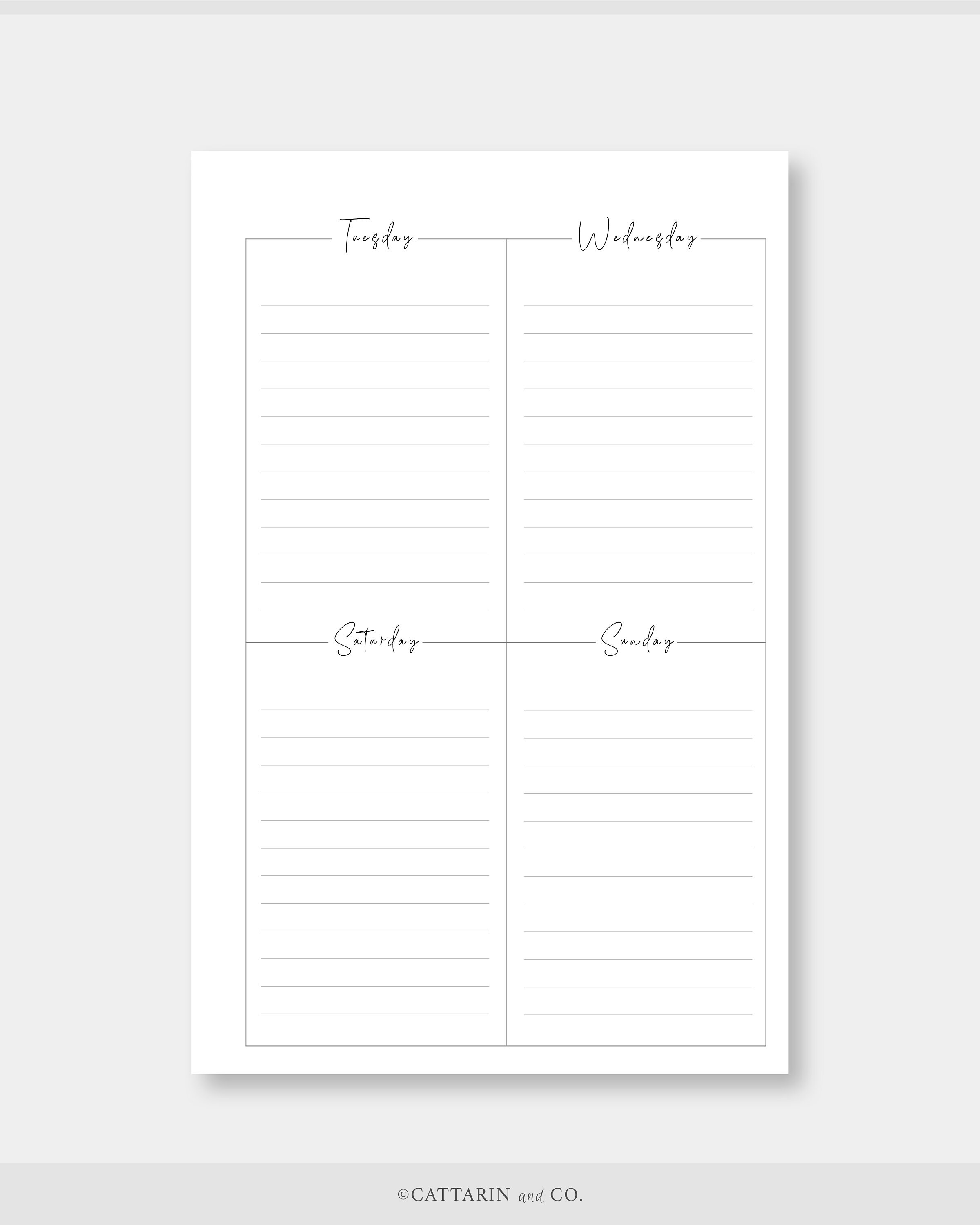 Half, Weekly Planner Printable Week on Two Pages Wo2p Undated Template ...