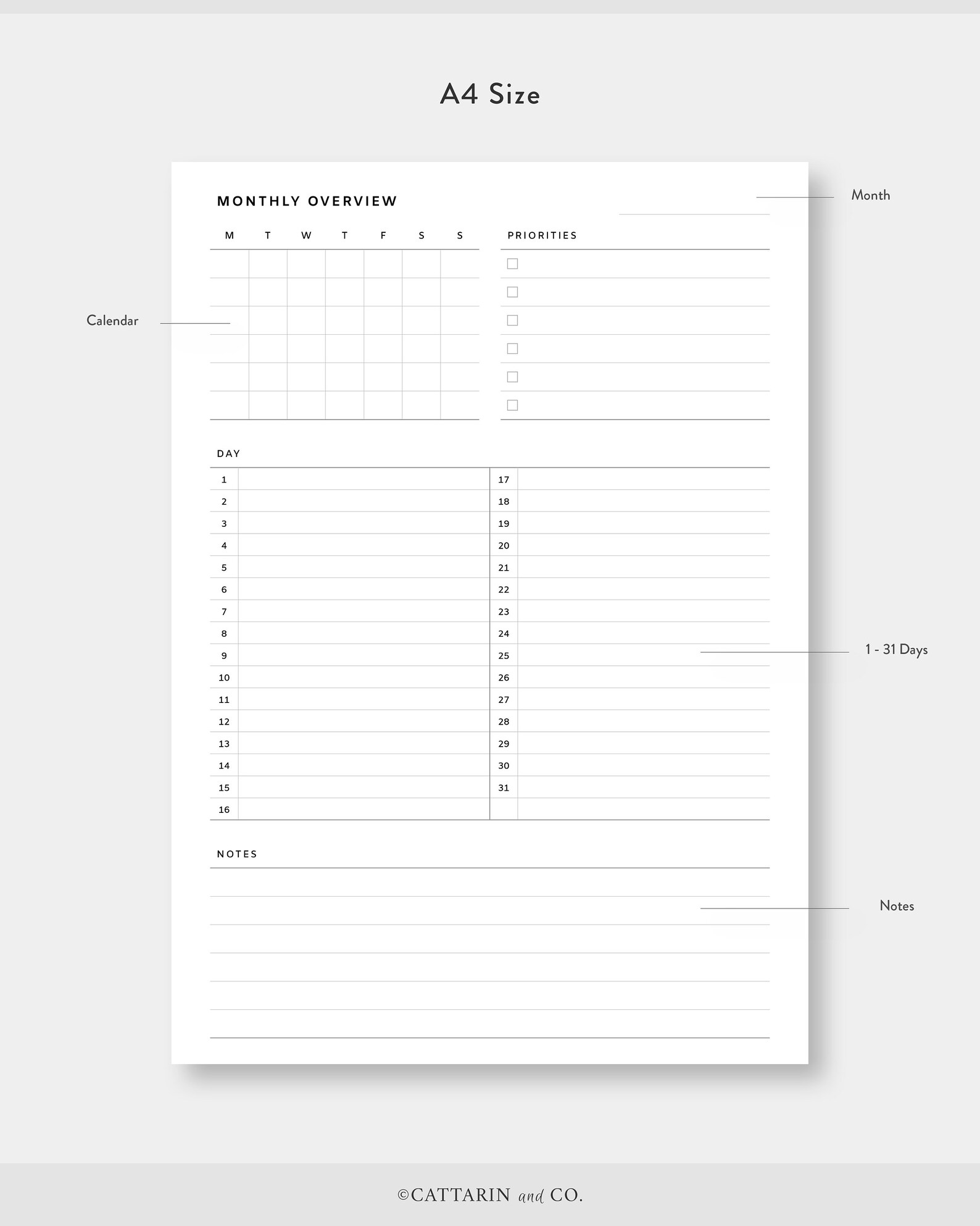 A4 | US Letter, Monthly Overview Printable | Month at a Glance | Month ...
