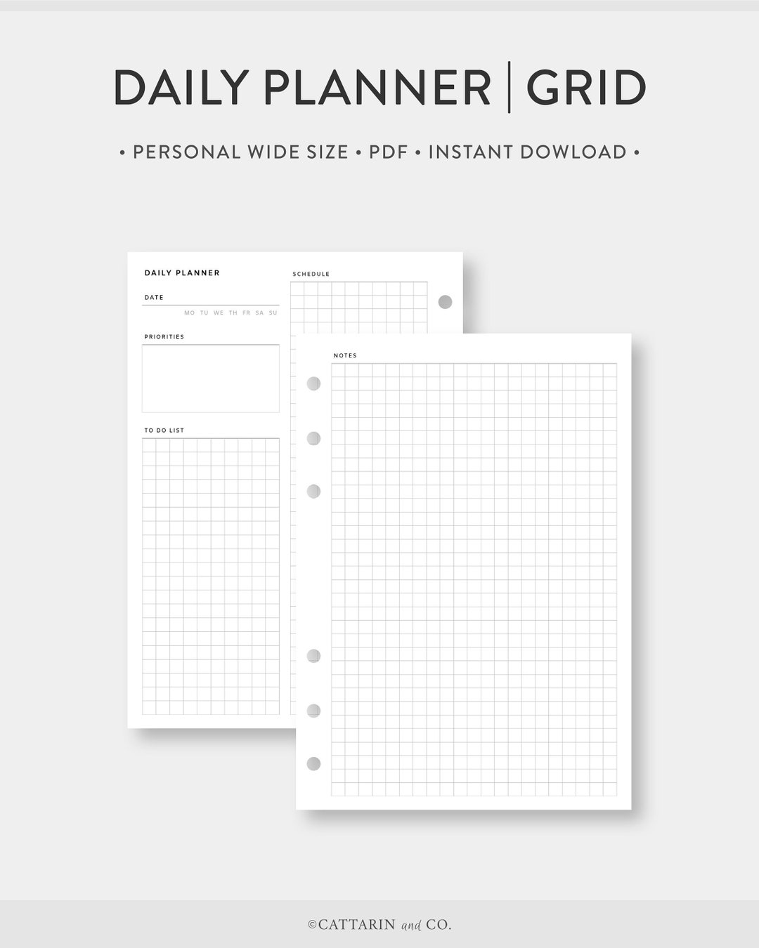Personal Wide, Undated Daily Planner Printable Grid Paper Day on Two ...