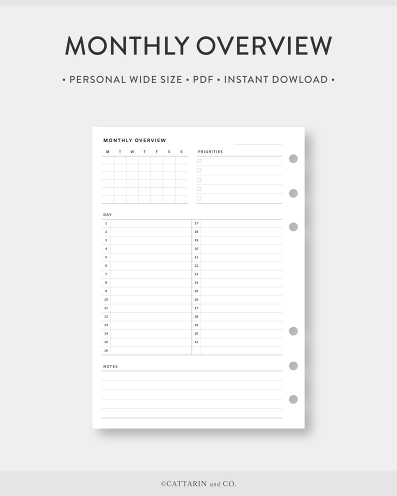 Personal Wide, Monthly Overview Printable | Month at a Glance | Month ...