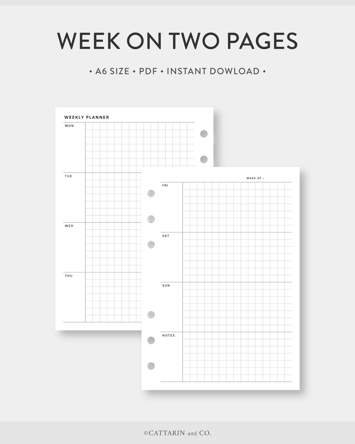 A6, Weekly Planner Printable Grid Week on Two Pages Undated Template ...