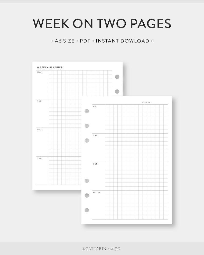 A6, Weekly Planner Printable Grid Week on Two Pages Undated Template ...