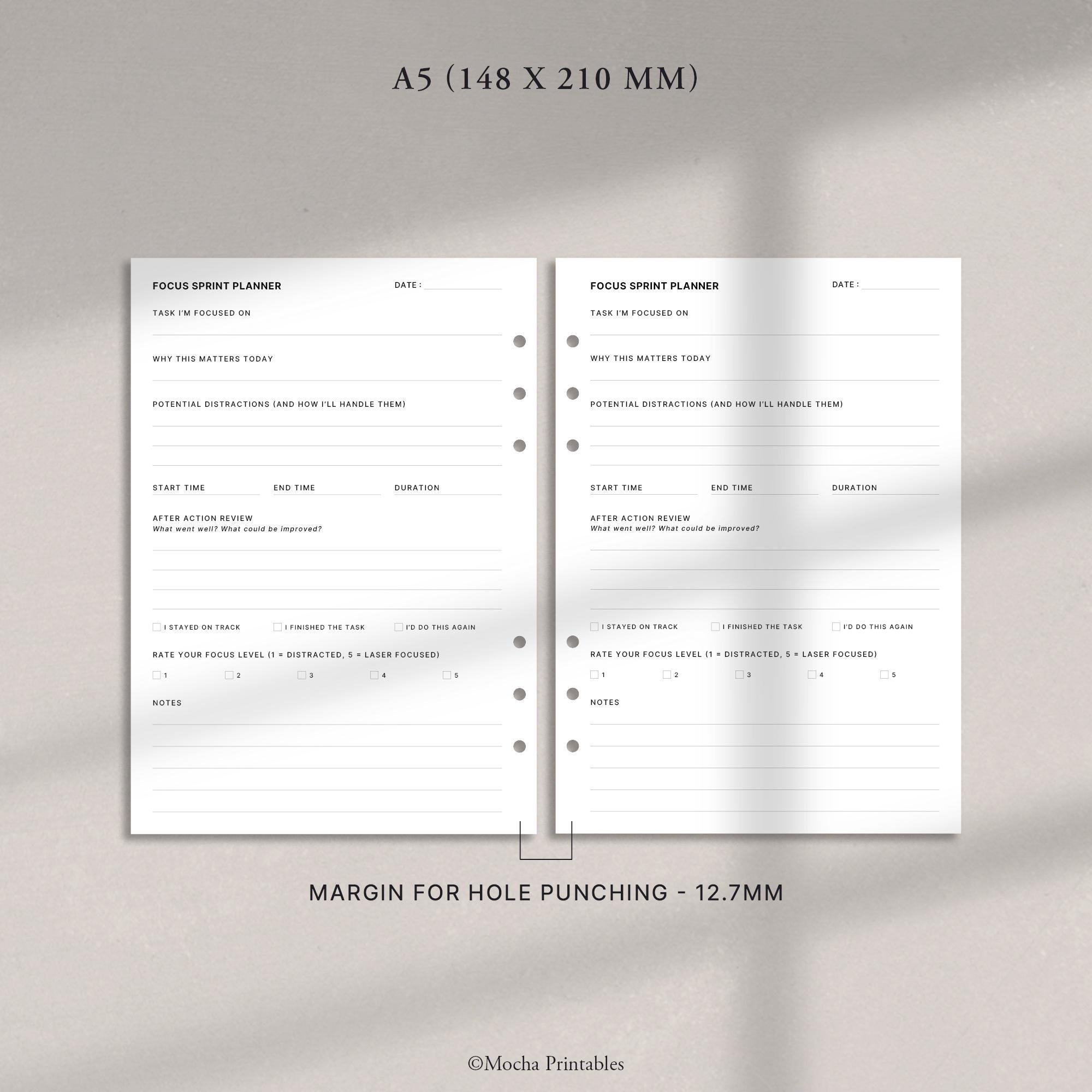 Focus Sprint Planner | Printable Productivity Template | A4, A5, US ...