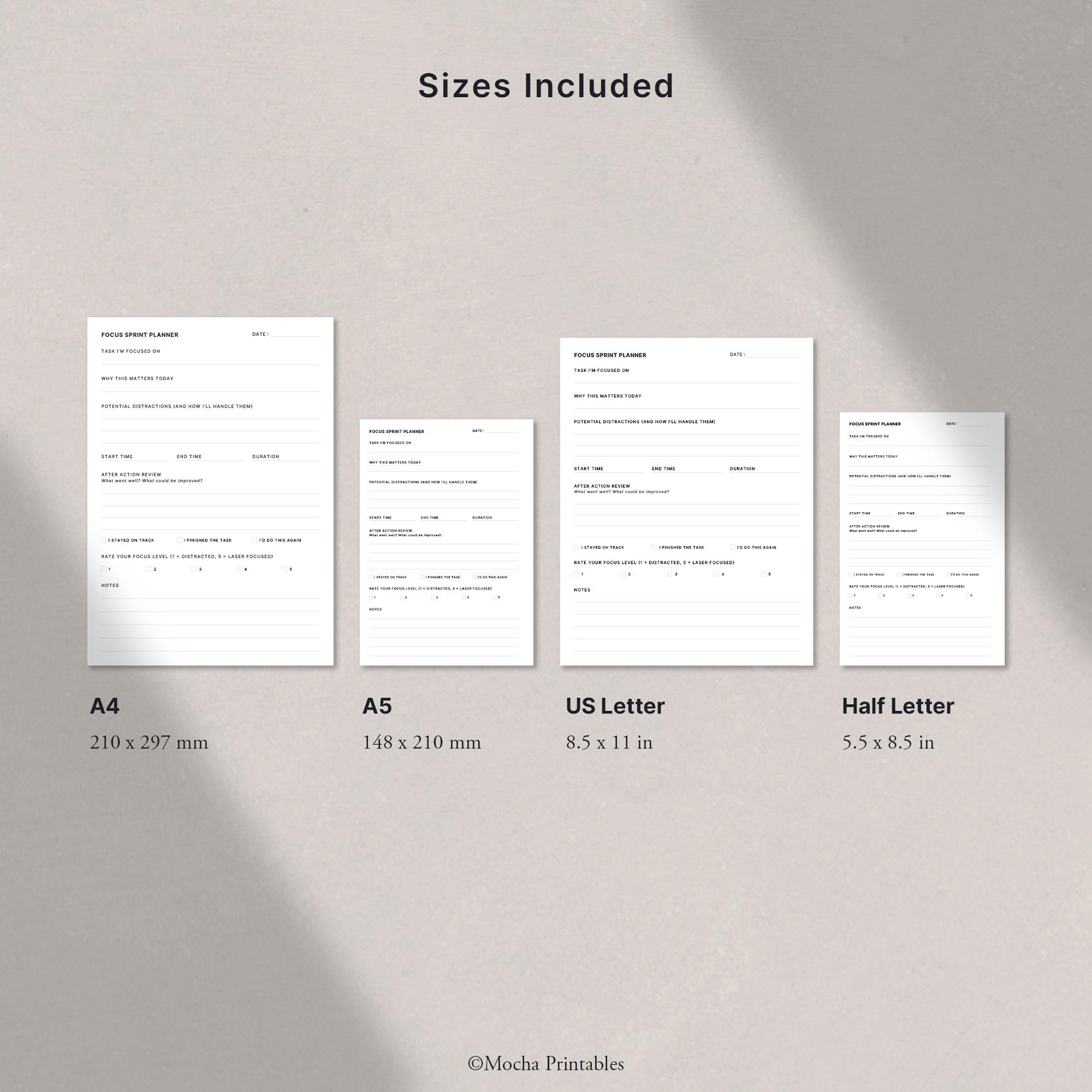 Focus Sprint Planner | Printable Productivity Template | A4, A5, US ...