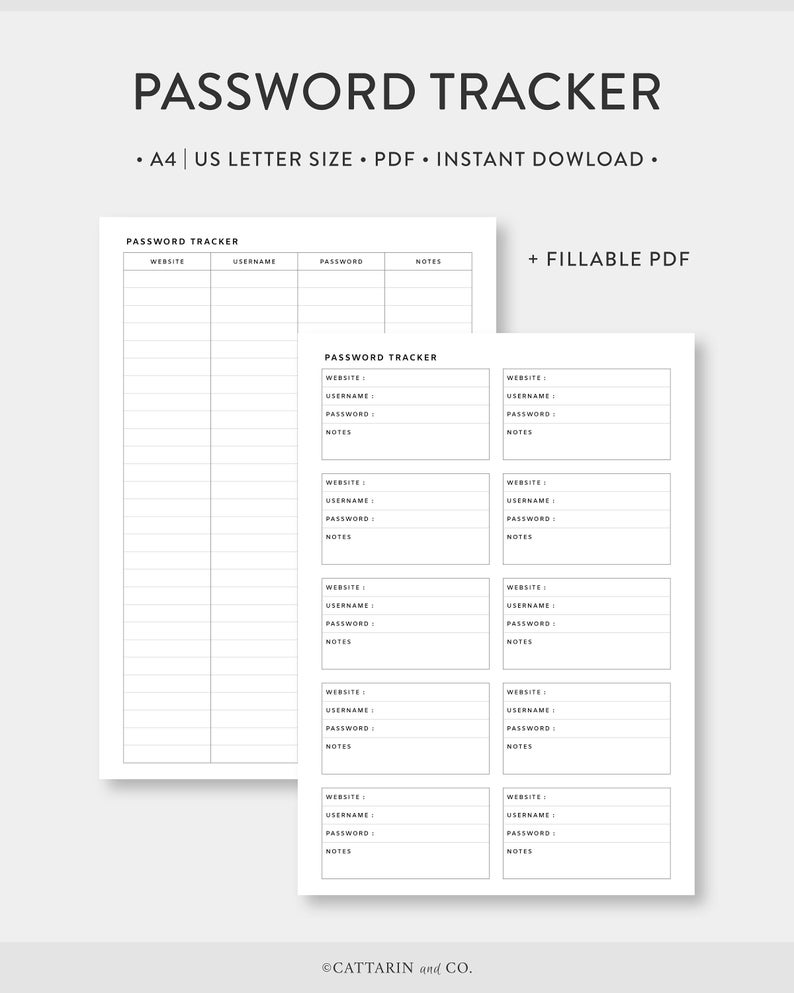 A4 | US Letter, Password Tracker Printable | Fillable. Editable PDF ...