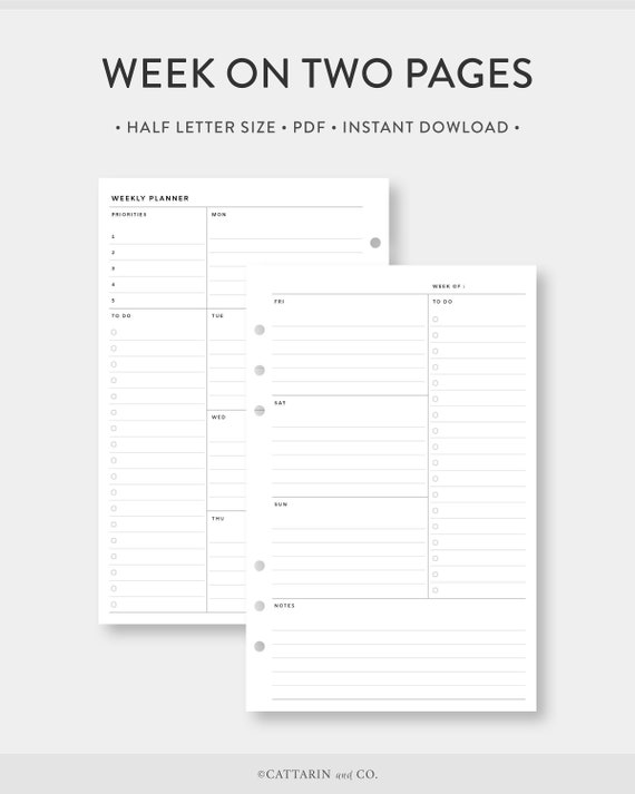 Half Letter Weekly Planner Printable Week on Two Pages - Etsy