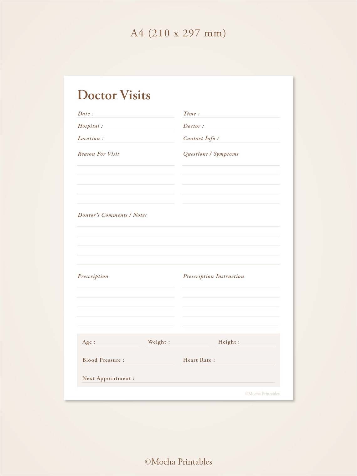 Doctor Visits Printable Doctor Visit Log, Medical Appointment Record A4 ...