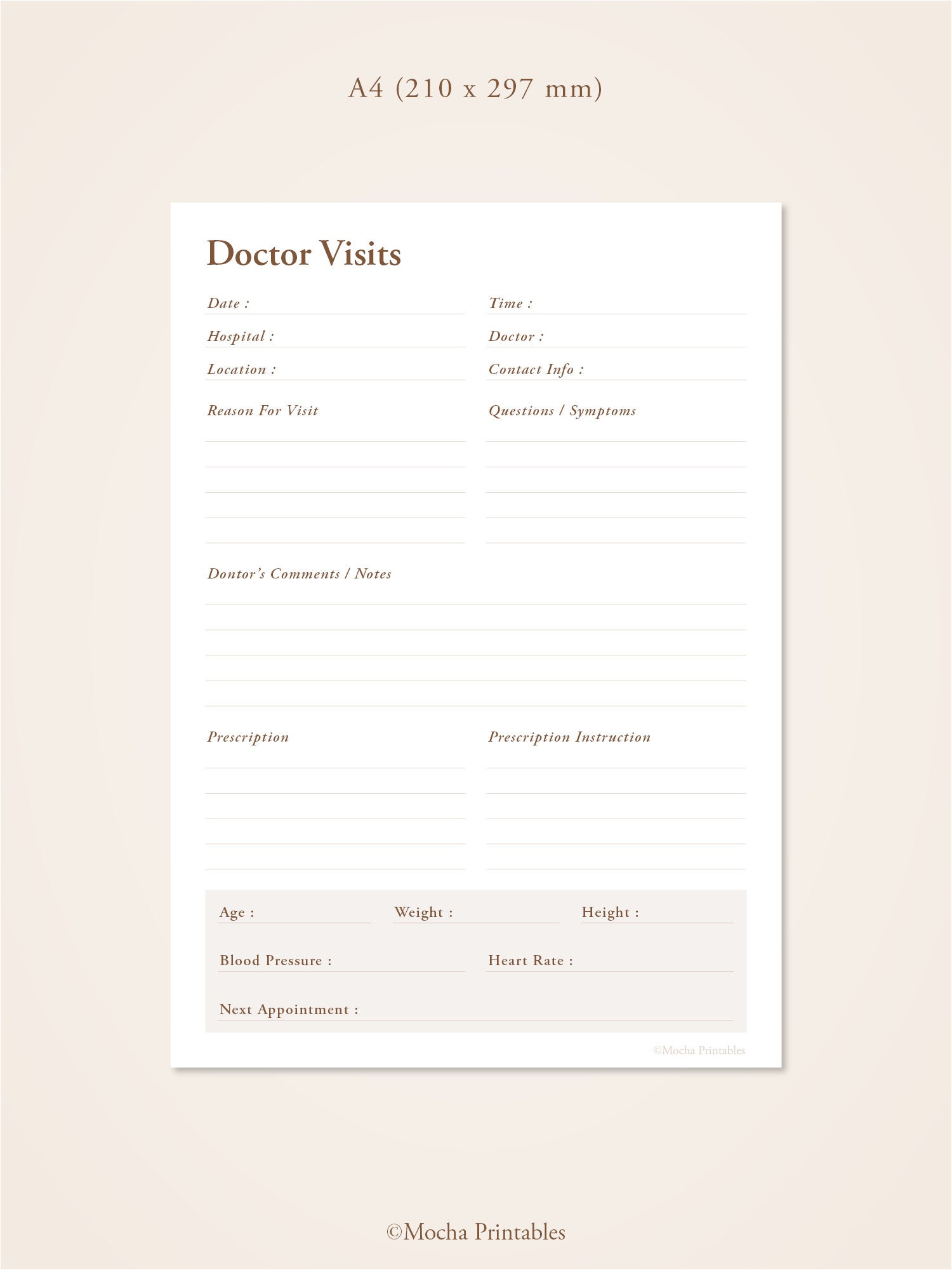 Doctor Visits Printable Doctor Visit Log, Medical Appointment Record A4 ...