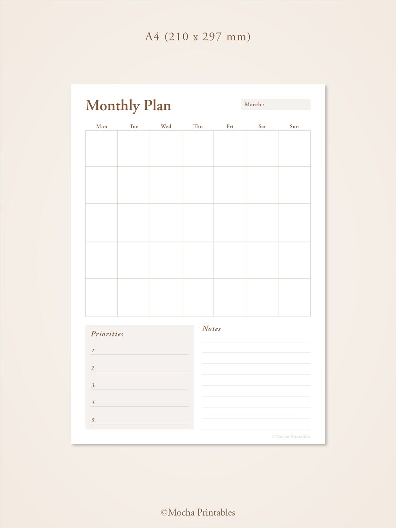 Undated Monthly Planner Printable Month on One Page A4, A5, US Letter ...