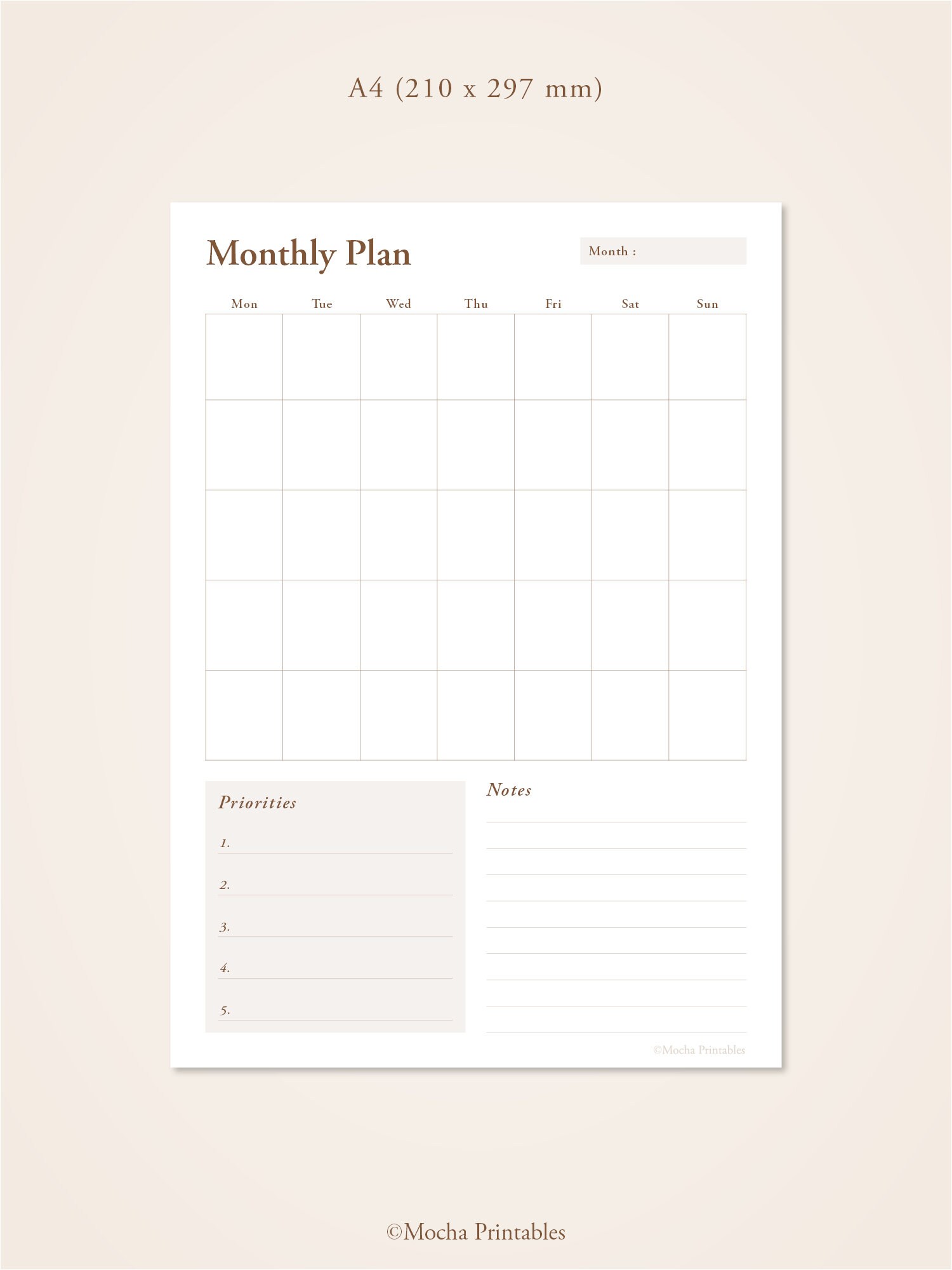Undated Monthly Planner Printable | Month on One Page | A4, A5, US ...