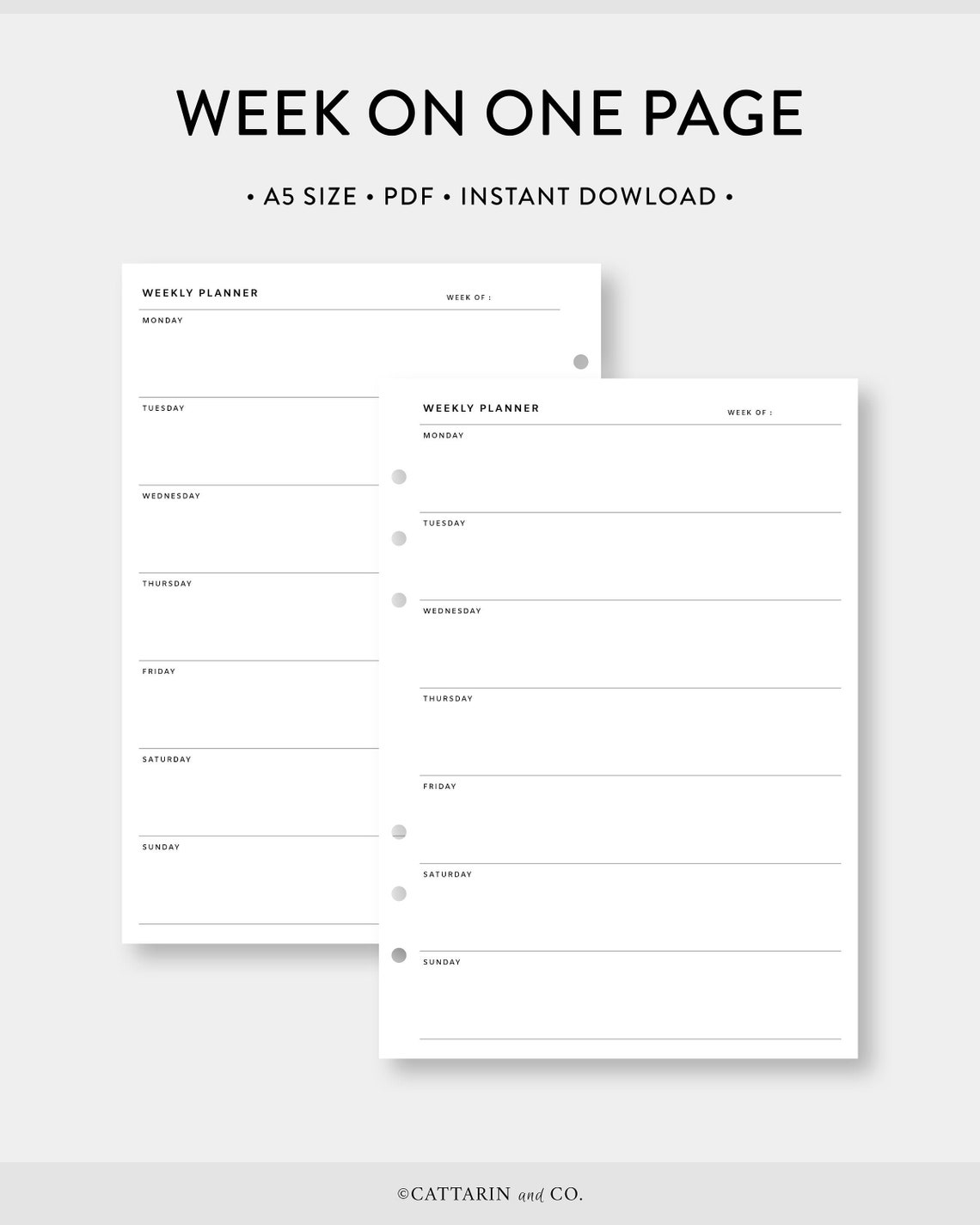 A5, Weekly Planner Printable Week on One Page Undated Template Journal ...