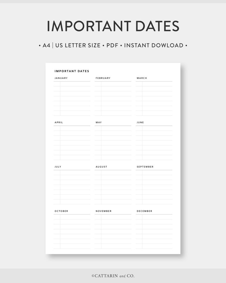 A4 | US Letter, Important Dates Printable | Birthday Tracker ...
