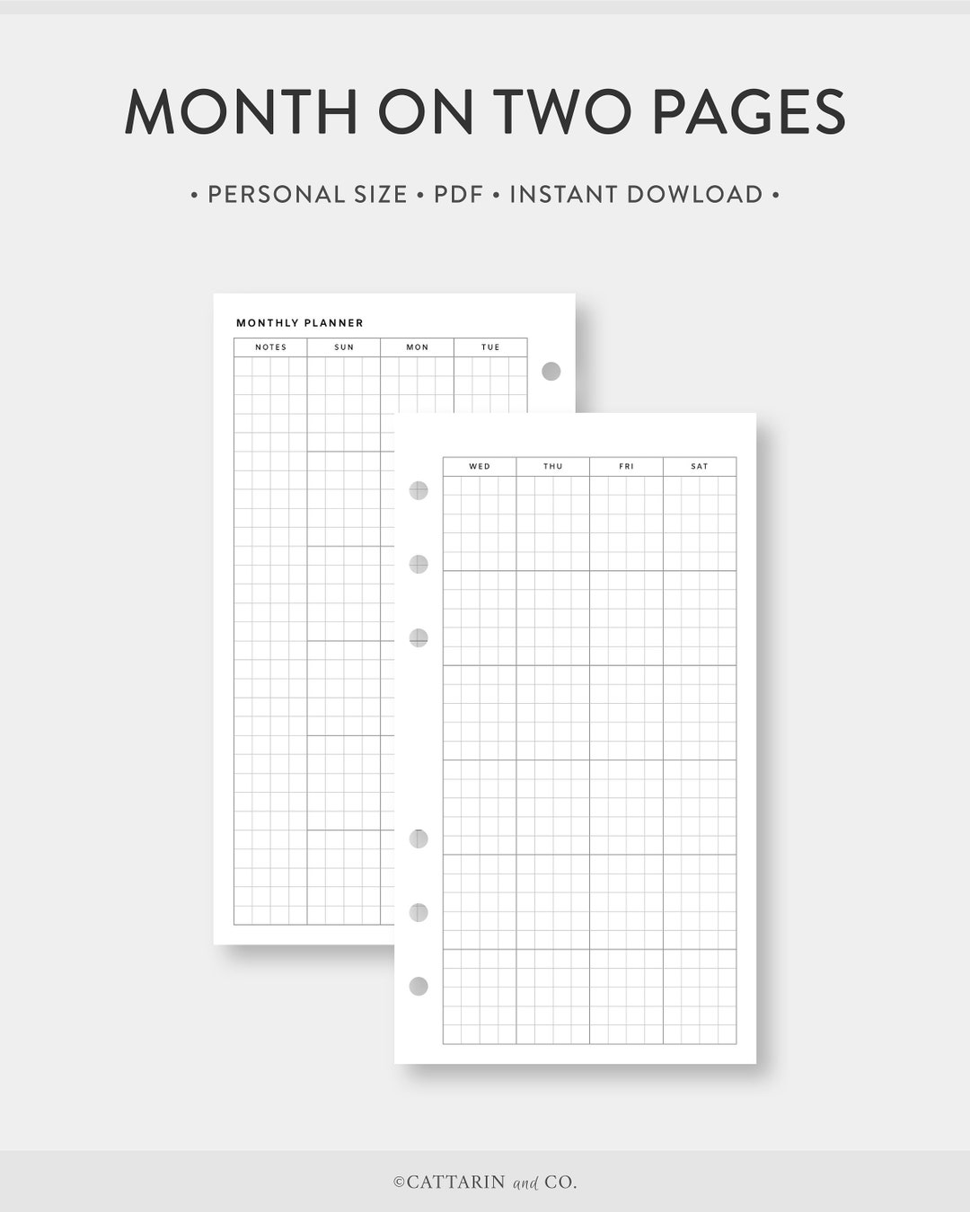 Personal, Grid Monthly Planner Printable Calendar Month on Two Pages ...