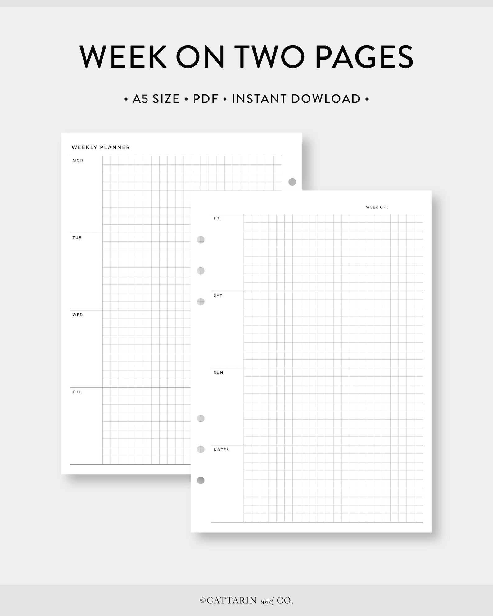 A5, Weekly Planner Printable Grid | Week on Two Pages | Undated ...