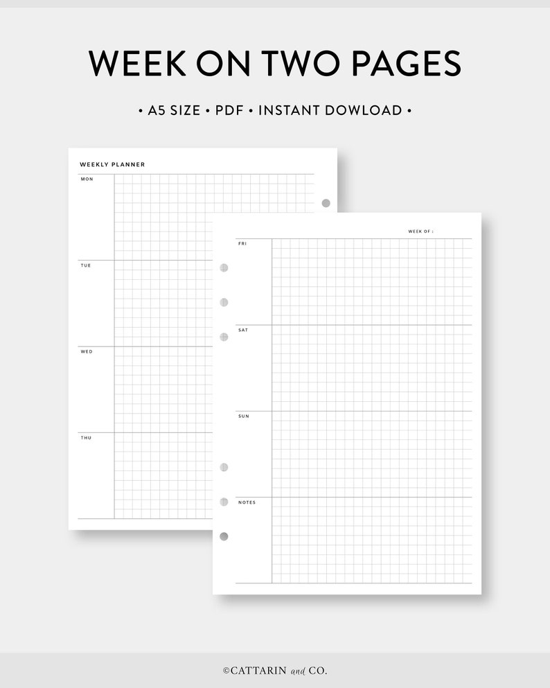 A5, Weekly Planner Printable Grid Week on Two Pages Undated Template ...