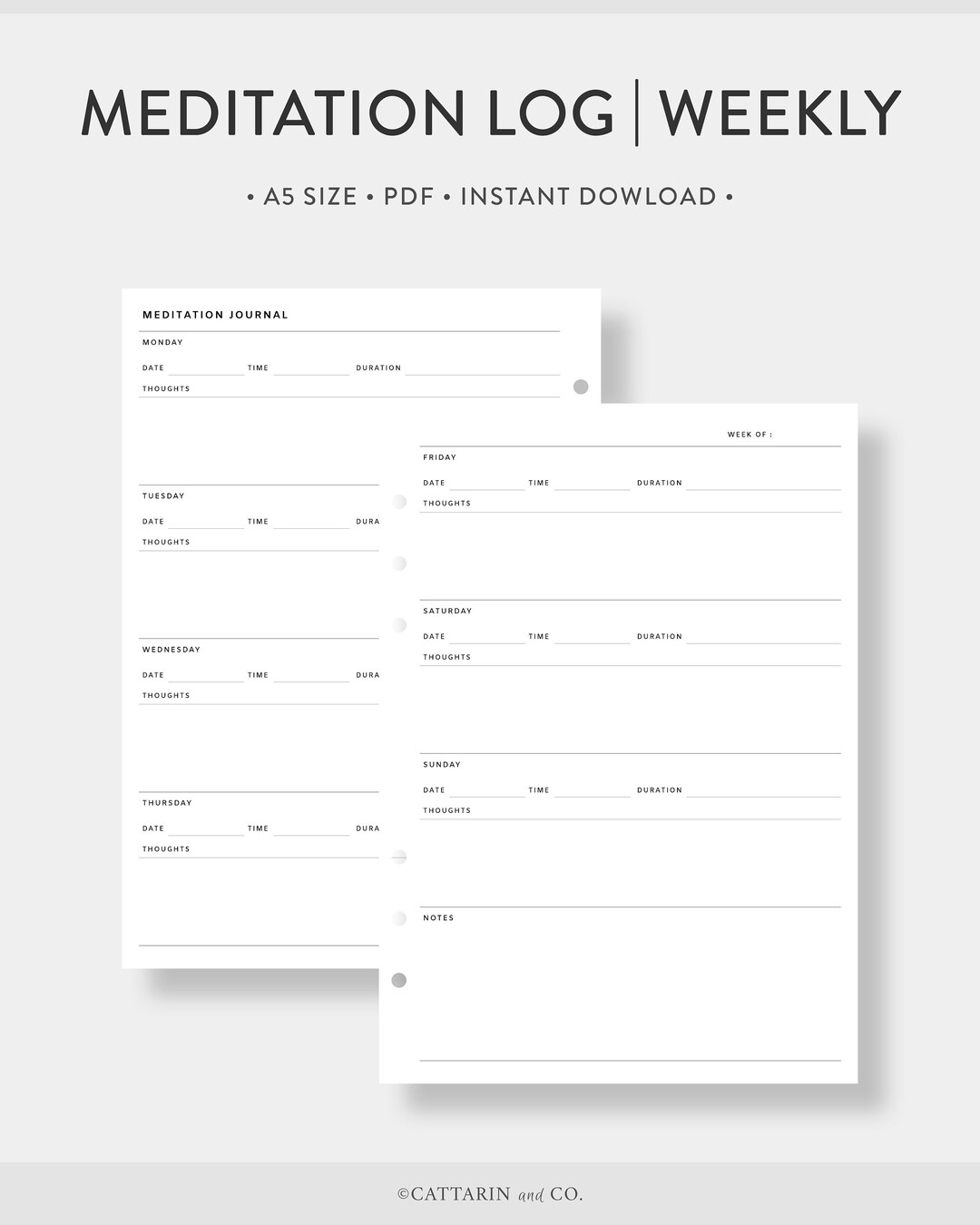 A5, Meditation Log Weekly | Week on Two Pages | Undated Template ...