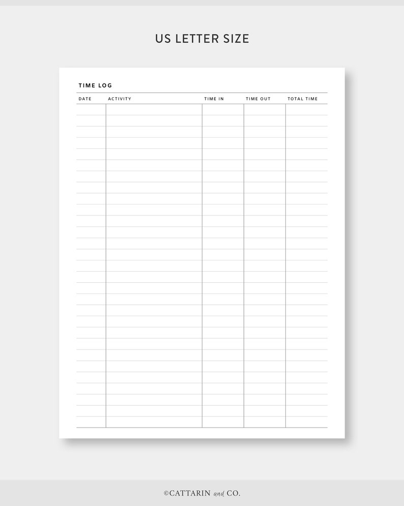 A4, US Letter, Work Time Log Printable | Simple Time Sheet Tracker ...