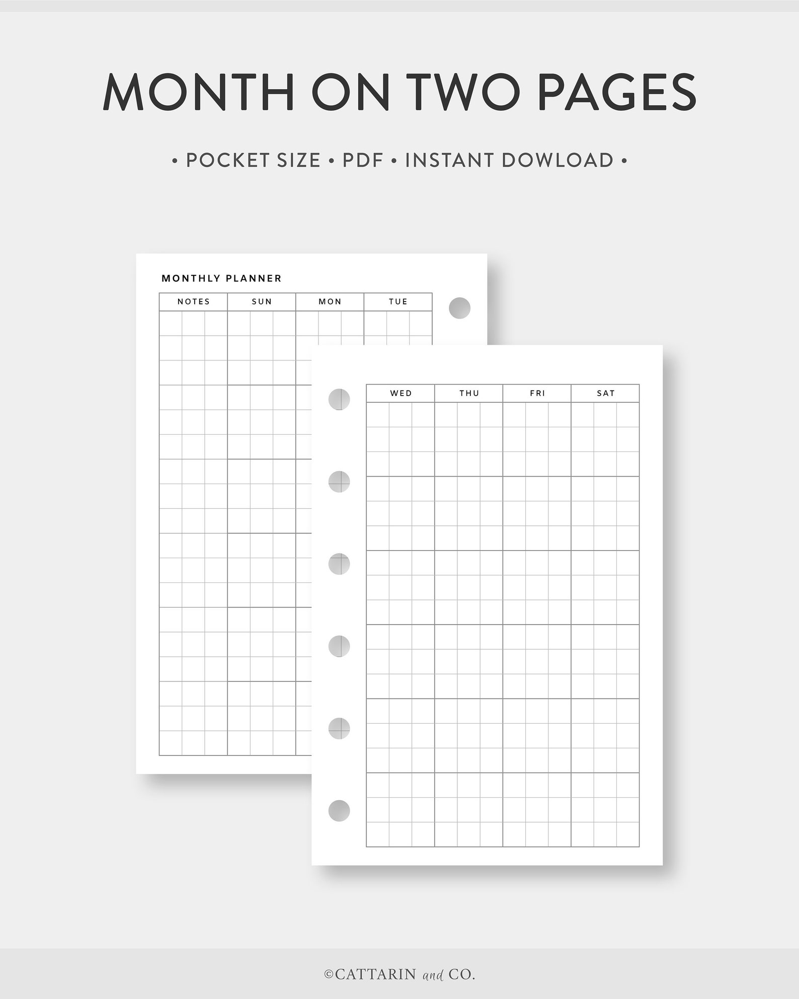 Pocket, Grid Monthly Planner Printable Calendar | Month on Two Pages ...