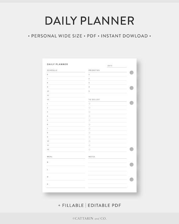 Personal Wide Daily Planner Printable Fillable Editable | Etsy