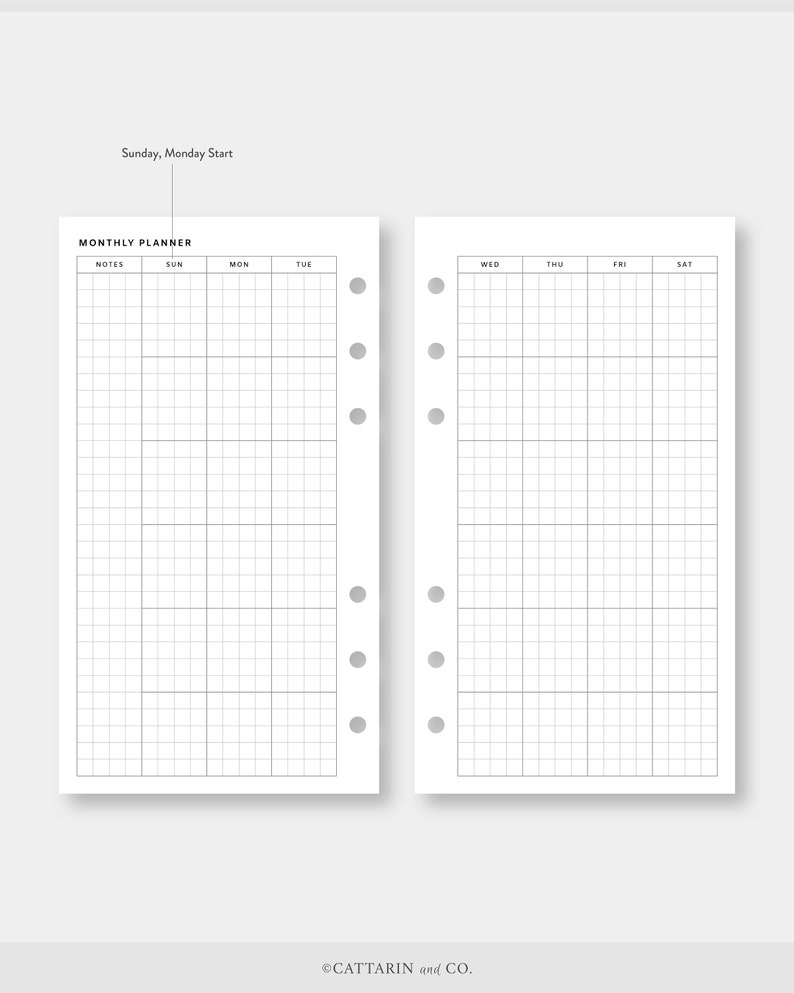 Personal, Grid Monthly Planner Printable Calendar Month on Two Pages ...