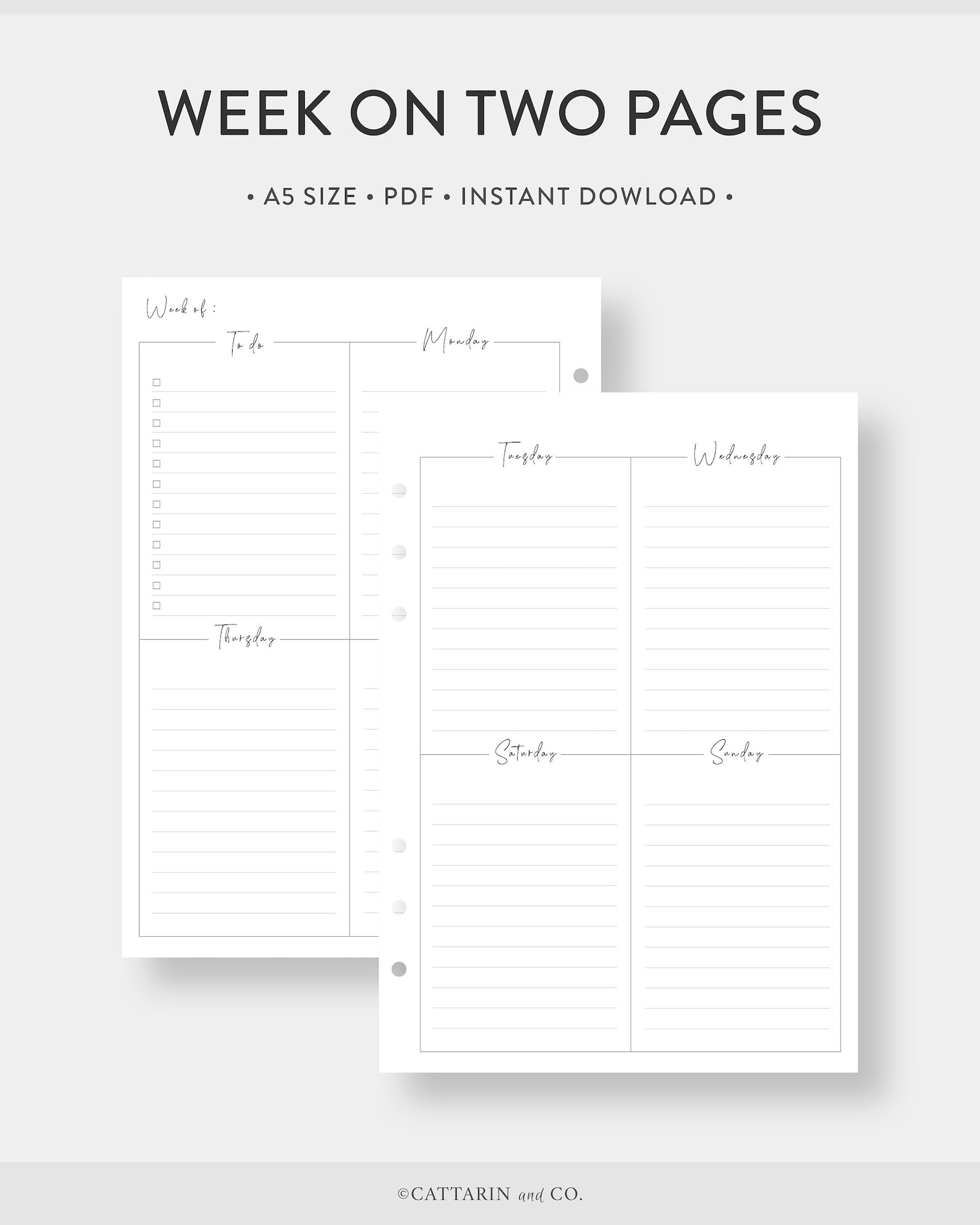 A5, Weekly Planner Printable Week on Two Pages Wo2p Undated Template ...