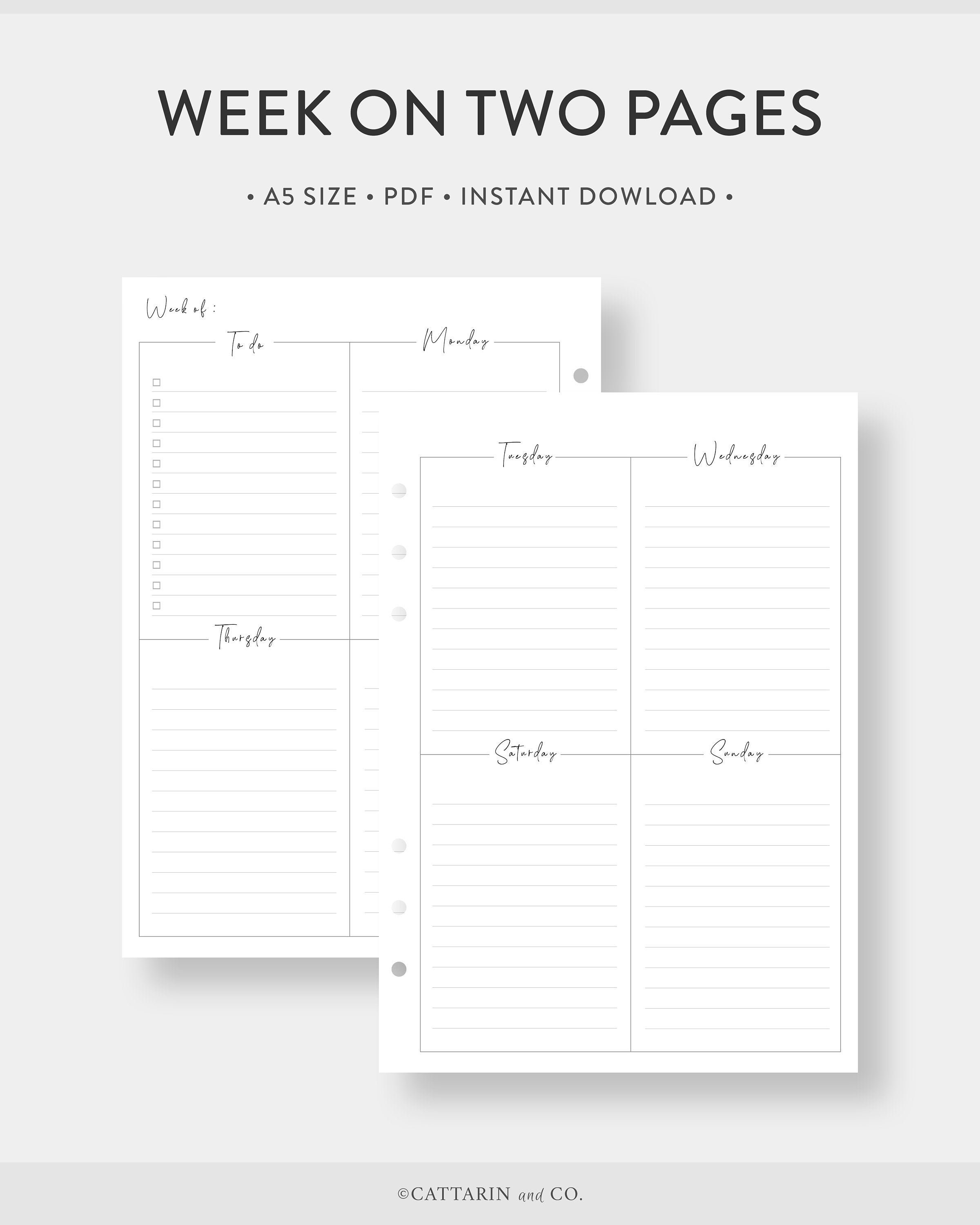 A5, Weekly Planner Printable Week on Two Pages Wo2p Undated Template ...