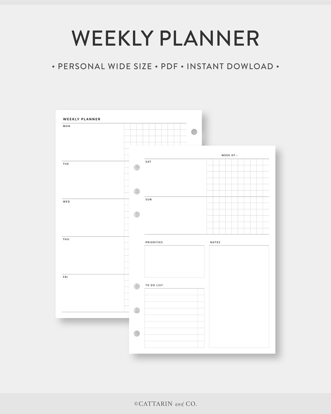 Personal Wide, Weekly Planner Printable | Monday - Friday Grid Layout ...
