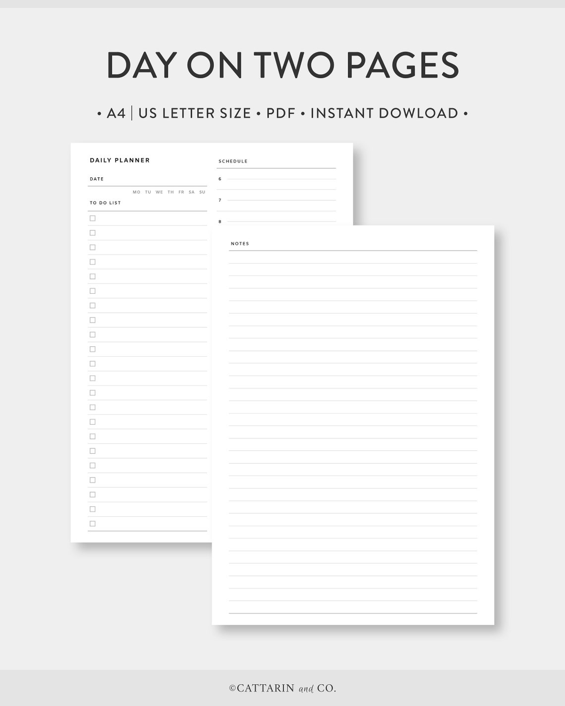 A4 | US Letter, Hourly Daily Scheduler, Lined Notes | Day on Two Pages ...