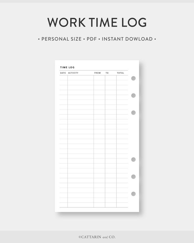 Personal, Work Time Log Printable | Simple Time Sheet Tracker Template ...