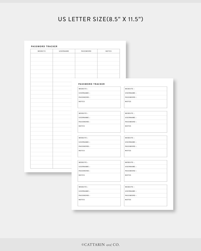 A4 | US Letter, Password Tracker Printable | Fillable. Editable PDF ...