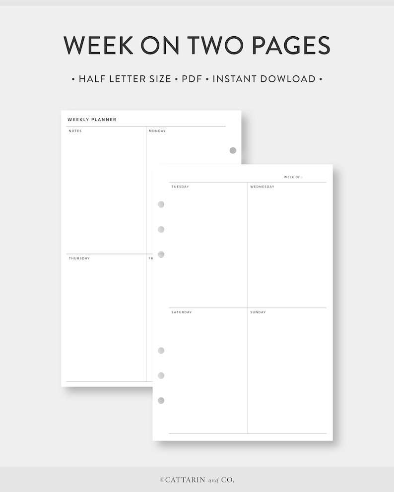 Half Letter, Weekly Planner Printable | Week on Two Pages | Undated ...