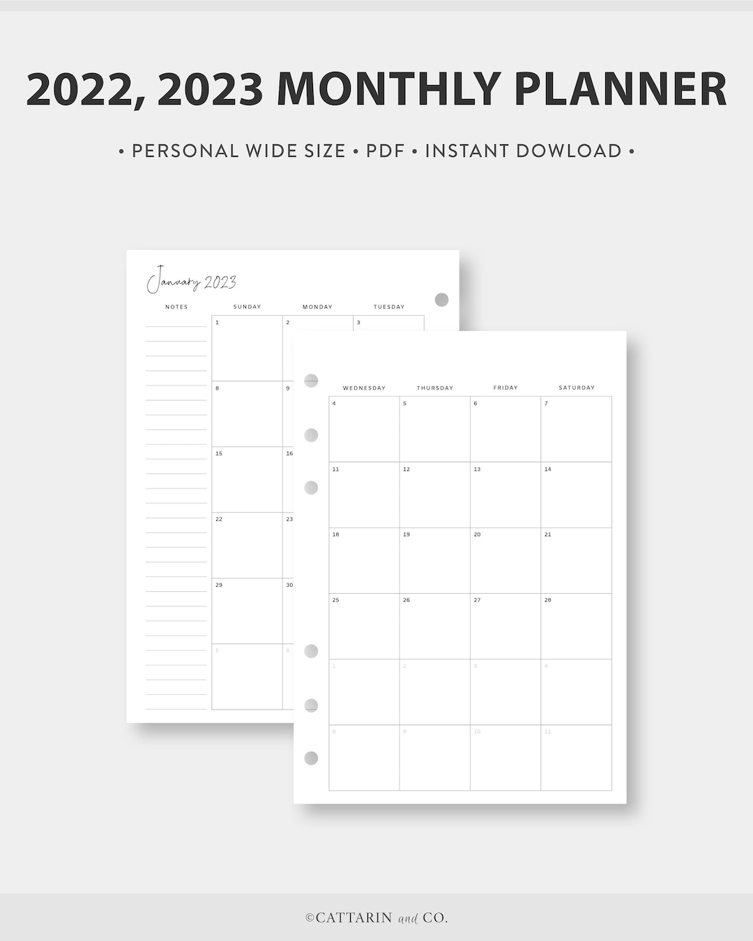 Personal Wide 2022 2023 Monthly Planner Printable Calendar - Etsy