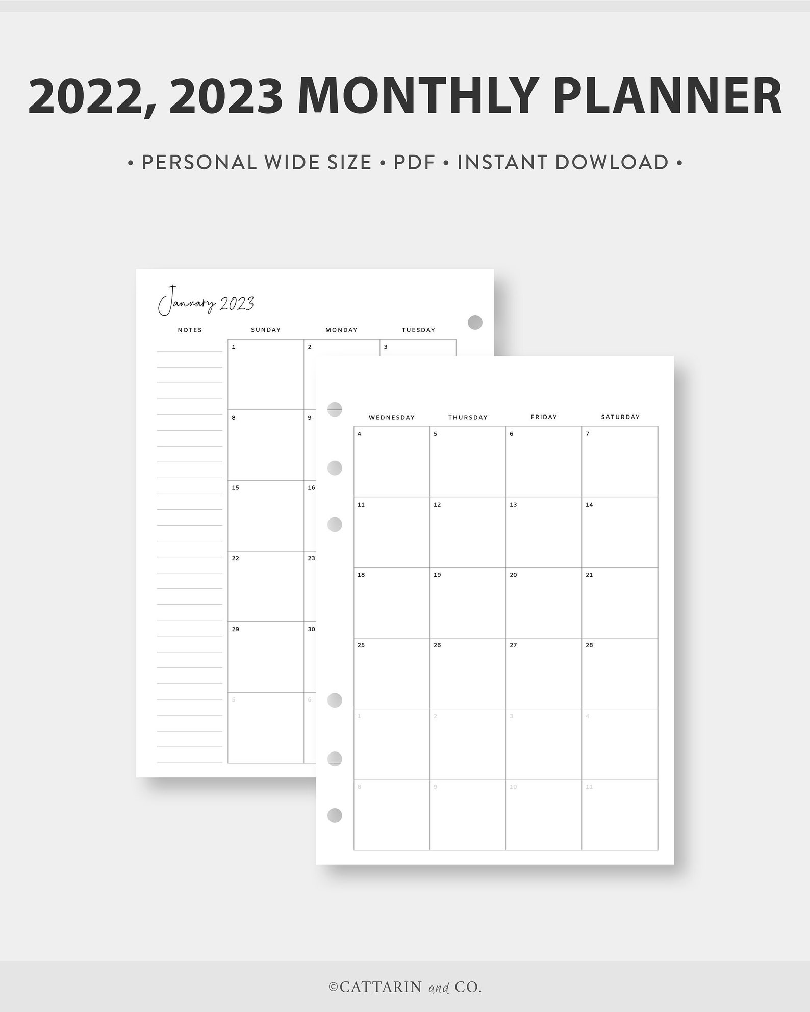 Personal Wide 2022 2023 Monthly Planner Printable Calendar - Etsy