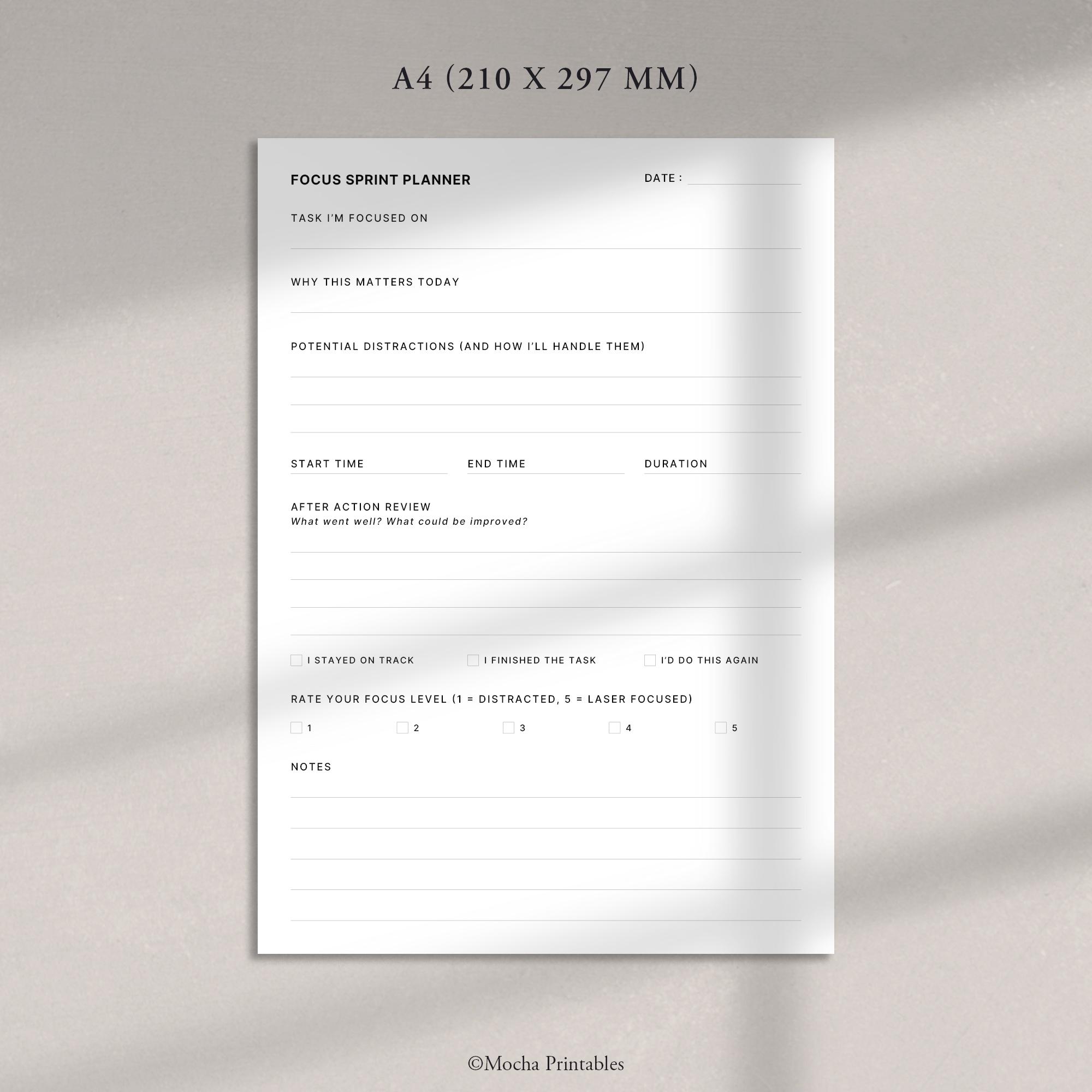 Focus Sprint Planner | Printable Productivity Template | A4, A5, US ...