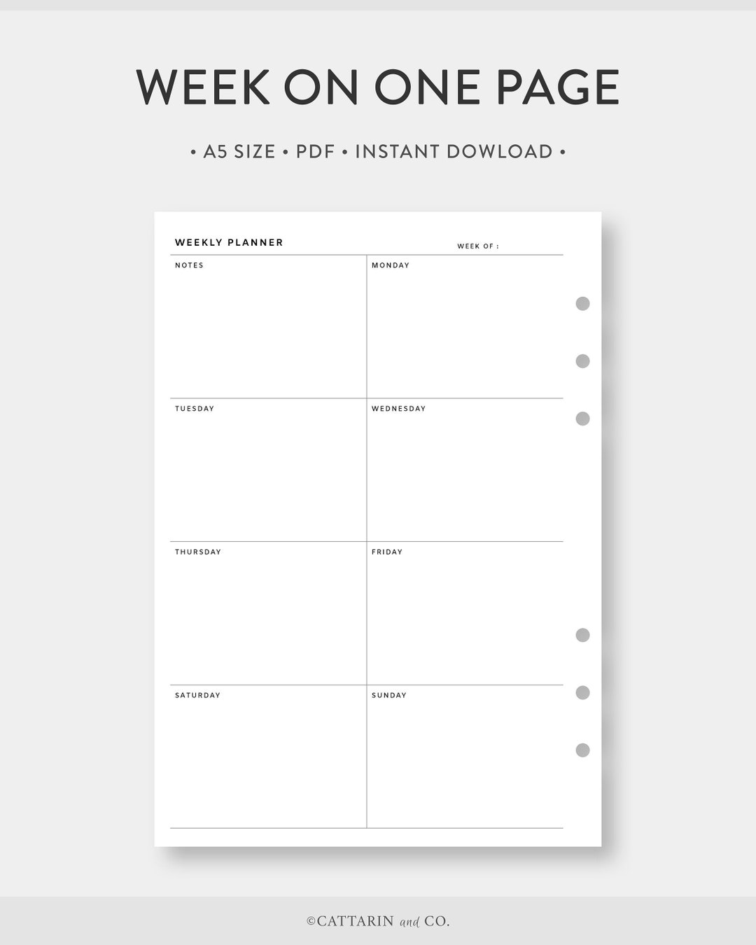 A5, Minimalist Weekly Planner Printable | Week on One Page | WO1P ...