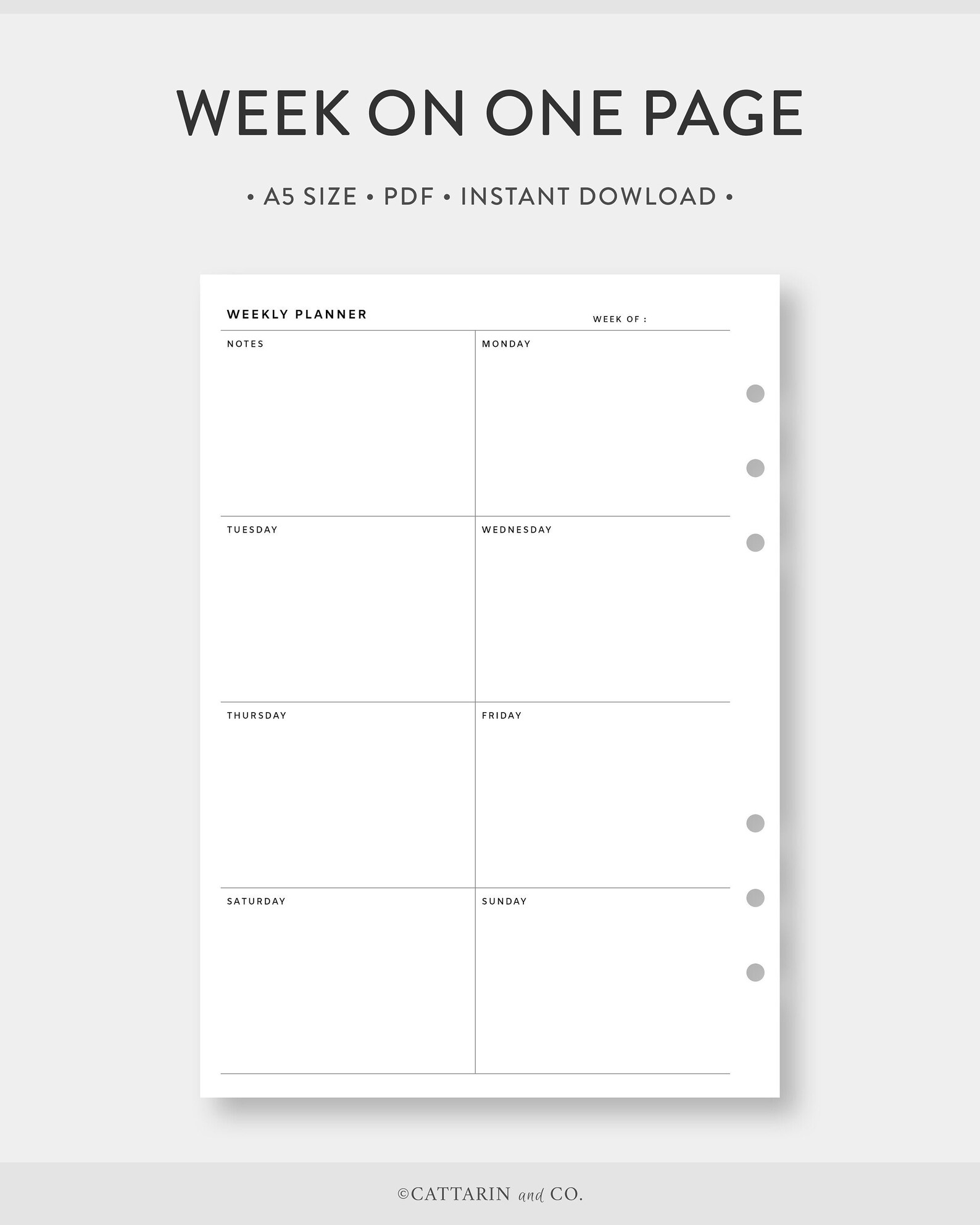 A5, Minimalist Weekly Planner Printable | Week on One Page | WO1P ...