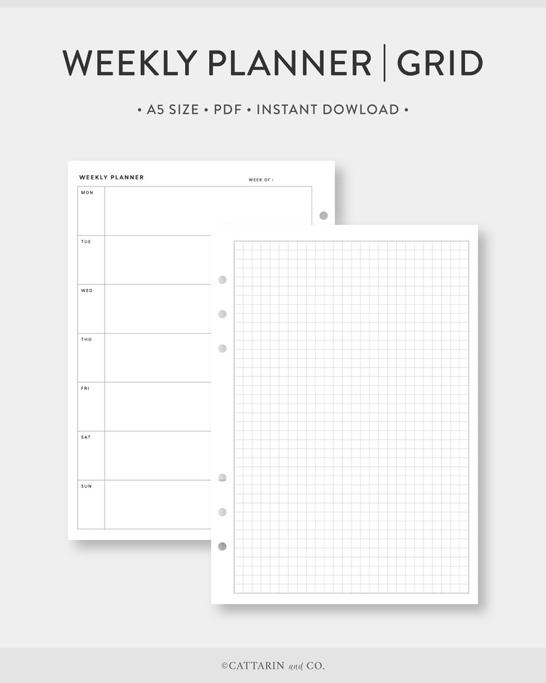A5, Weekly Planner Printable Grid Paper Week on Two Pages Undated ...