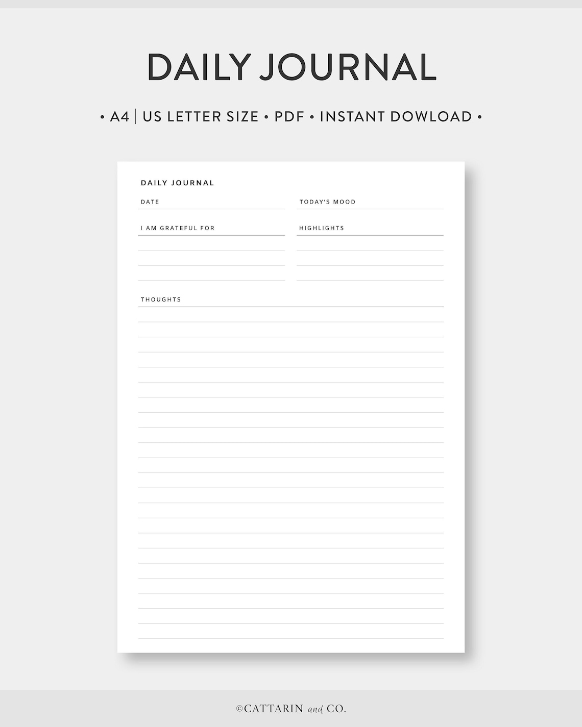 A4 | US Letter, Daily Journal Printable | Lined Daily Diary Template ...