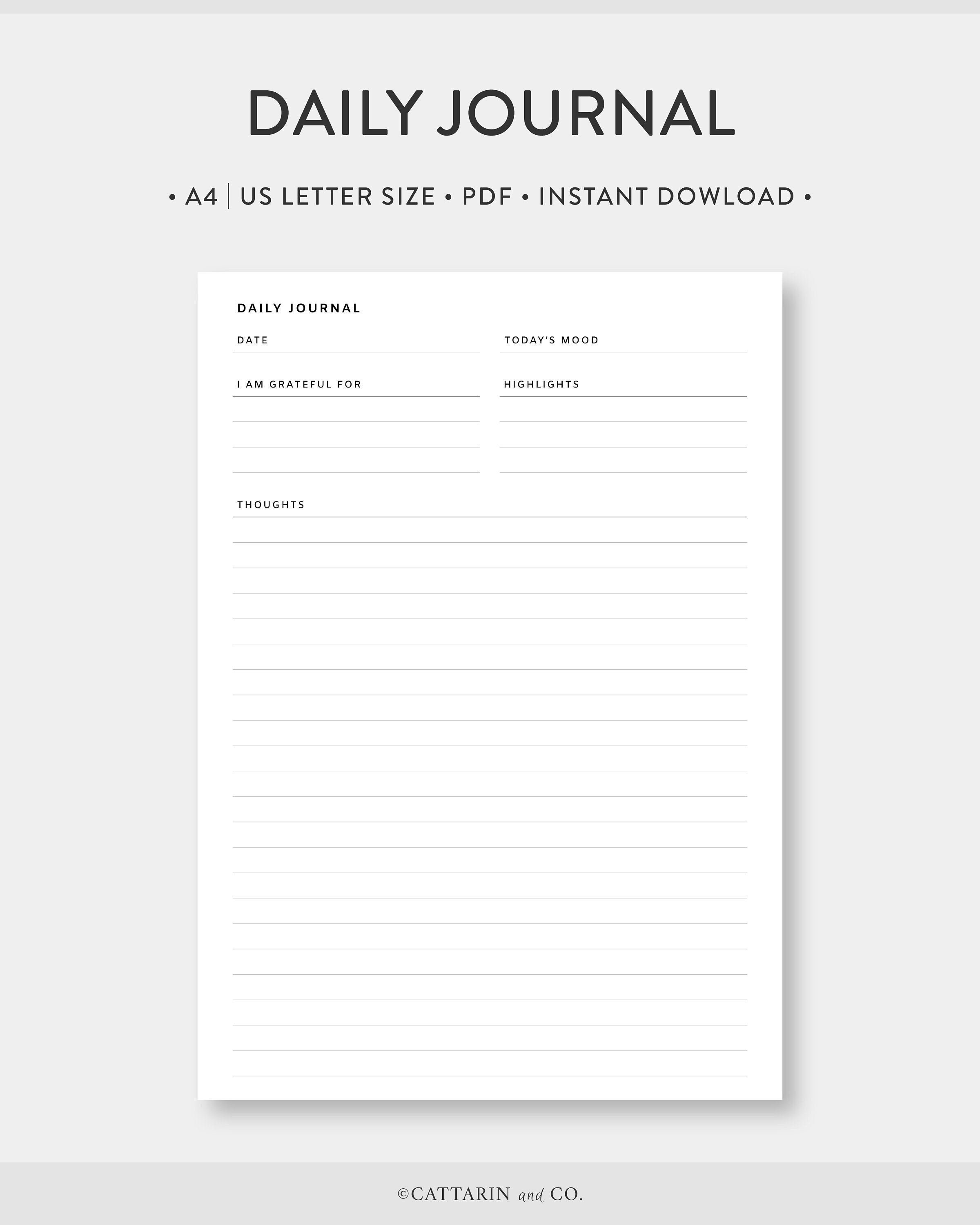 A4 | US Letter, Daily Journal Printable | Lined Daily Diary Template ...